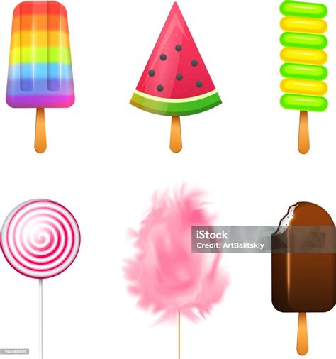 현실적인 달콤한 아이스크림입니다 설탕 구름 면 과일 젤리 원형 사탕 캐 러 멜 소용돌이 친다 초콜릿 수 박 사과 맛 무지개 사탕입니다 3 차원 벡터입니다 현대적인 스타일에