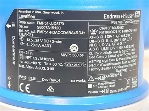 Endress Hauser Levelflex Fmp51 Jjd87 0 Guided Wave Radar Level Transmitter