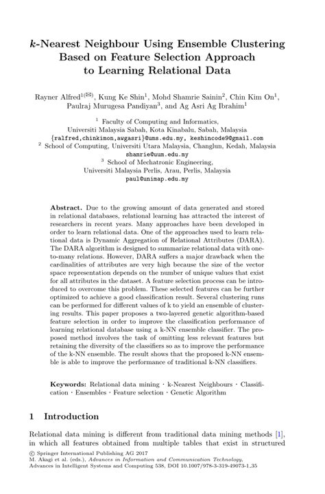 Pdf K Nearest Neighbour Using Ensemble Clustering Based On Feature Selection Approach To