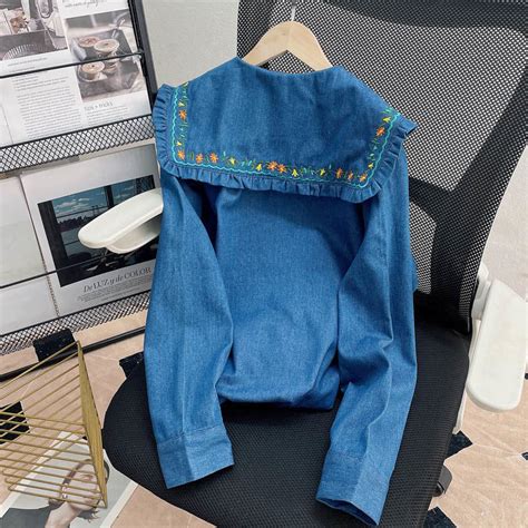 Badu Bg Дънкови ризи 2022 Пролет Есен Дамски волани с дълъг ръкав Питър Пан яка Цветя Бродерия