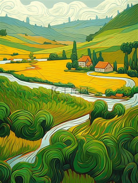 绿色油画质感田野风景11插画图片 千库网