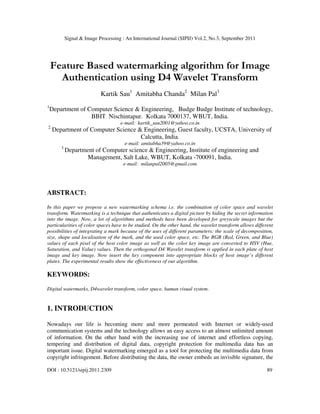 Feature Based Watermarking Algorithm For Image Authentication Using D Wavelet Transform PDF