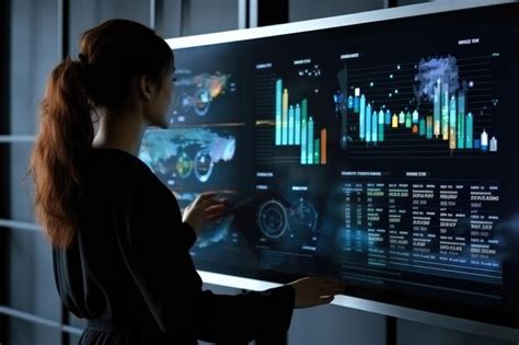 Premium Photo Businesswoman With Digital Data Analytics Statistics Or Info Holographic Trading