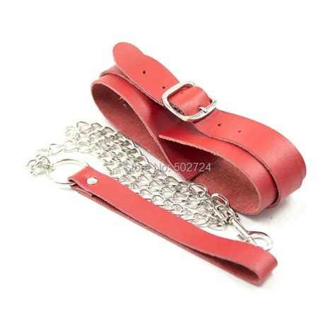 Adult Games Red Genuine Leather Sex Collar With Metal Leash Sex Erotic Collars Fetish Neck