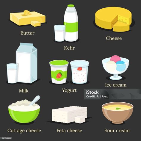 유제품 세트 버터 케피어 치즈 우유 딸기 요구르트 아이스크림 코티지 치즈 페타 치즈와 수프 크림 플랫 벡터 그림입니다 케피어에 대한 스톡 벡터 아트 및 기타 이미지 Istock