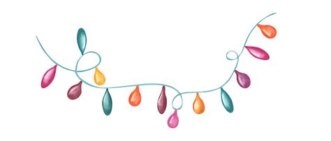 장식용 스트링 라이트 휴일 화환 화려한 램프가 있는 블루 리본 흰색에 고립 된 수채화 그림입니다 축제 및 문화 행사를 위한 요소 초대장 인사말 카드의 경우 0명에 대한 스톡