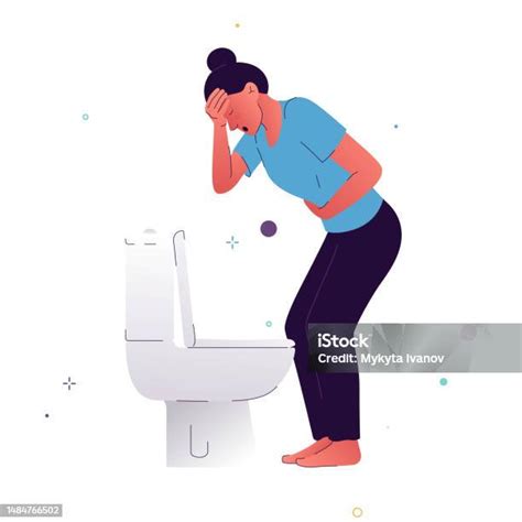 화장실 위에 서서 손으로 배를 잡고 있는 여성의 벡터 그림 중독으로 인해 메스꺼움과 구토를 경험합니다 임신의 징후와 증상이있는 여성 0명에 대한 스톡 벡터 아트 및 기타