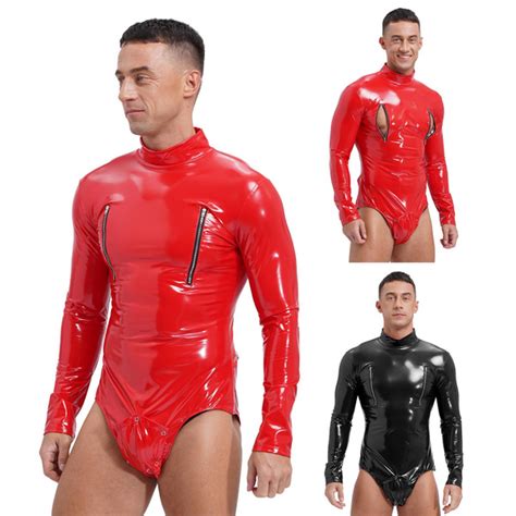 Mens Glossy Catsuit Sexy Zipper Open Crotch Shiny Leather Bodysuit