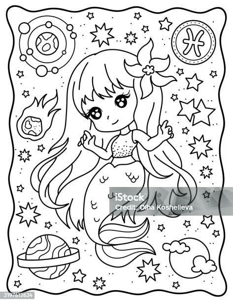 귀여운 소녀 물고기 자리 조디악 표지판 조디악 표지판 인어 귀여운 캐릭터 색칠 공부 페이지 페이지 책 흑인과 백인 벡터 그림 0명에 대한 스톡 벡터 아트 및 기타 이미지