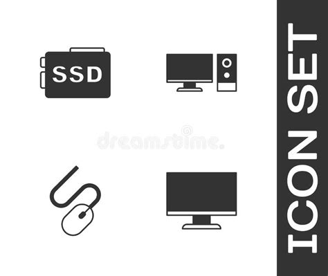 Set Computer Monitor Screen Ssd Card Mouse And Icon Vector Stock Illustration Illustration