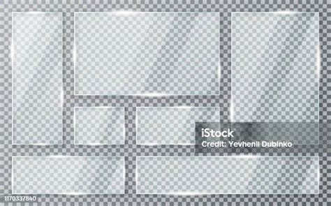 투명 한 배경에 설정 된 유리 접시 눈부심과 빛아크릴과 유리 질감 직사각형 프레임의 사실적인 투명 유리 창 유리 재료에 대한 스톡 벡터 아트 및 기타 이미지 Istock