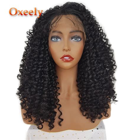 Oxeely Long Curly Hair Synthetic Lace Front Wigs Black Kinky Curly Wigs