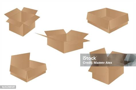 사실적인 골판지 상자 모형은 측면 전면 및 상단 보기에서 흰색 배경에 격리되어 열리고 닫힙니다 0명에 대한 스톡 벡터 아트 및