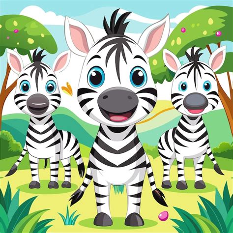 Cinco Cebras Animadas Alegres En Un Paisaje Soleado Vector Premium