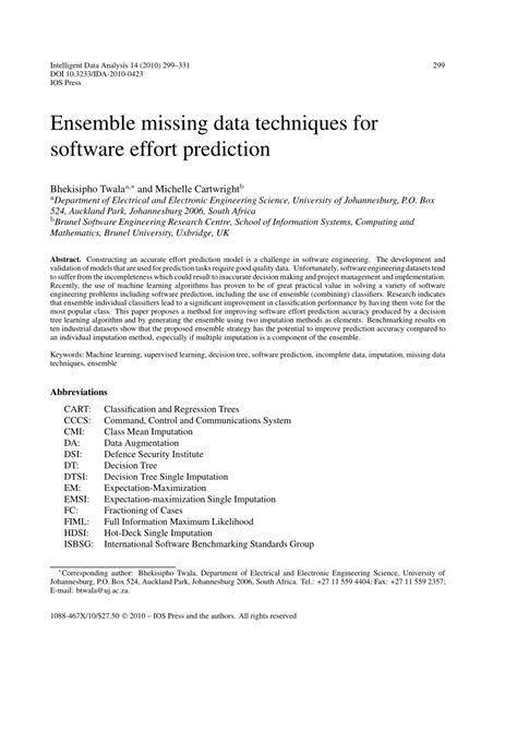 Pdf Ensemble Missing Data Techniques For Software Effort Prediction