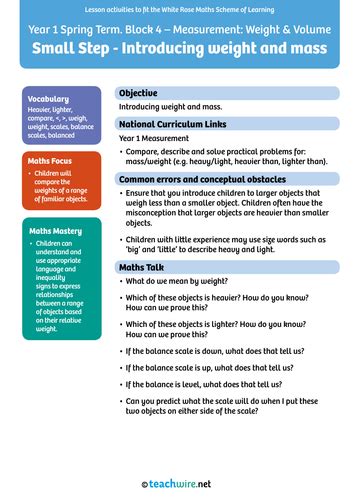 Y1 Spring Term Block 4 Measurement Weight And Volume Introduce Weight And Mass Teaching