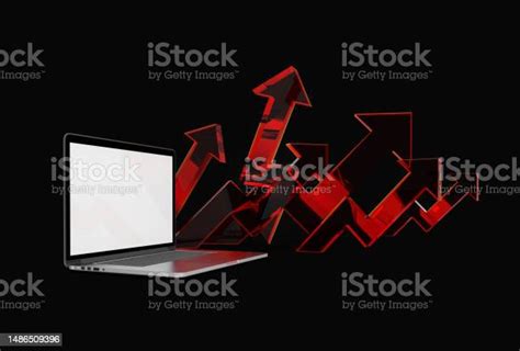 화살표 차트가 있는 어두운 배경에 격리된 현대 노트북 3d 그림입니다 3차원 형태에 대한 스톡 사진 및 기타 이미지 3차원 형태 개념 개념과 주제 Istock