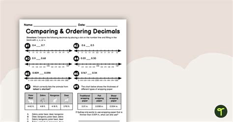 Comparing And Ordering Decimals Worksheet Teach Starter