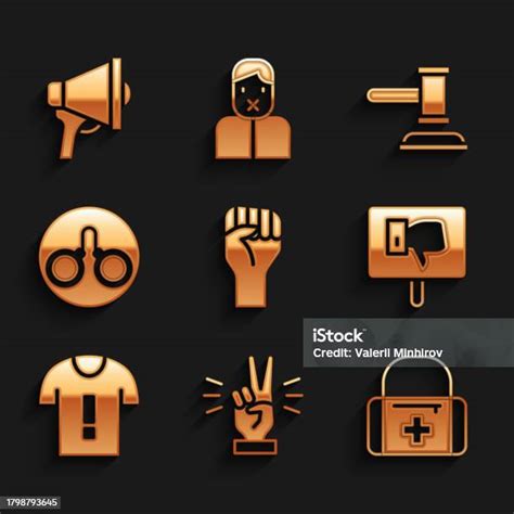 주먹을 꽉 쥔 손 두 손가락을 보여주는 손 구급 상자 항의 티셔츠 시위 수갑 판사 의사봉 및 확성기 아이콘을 설정합니다 벡터 건강 진단에 대한 스톡 벡터 아트 및 기타
