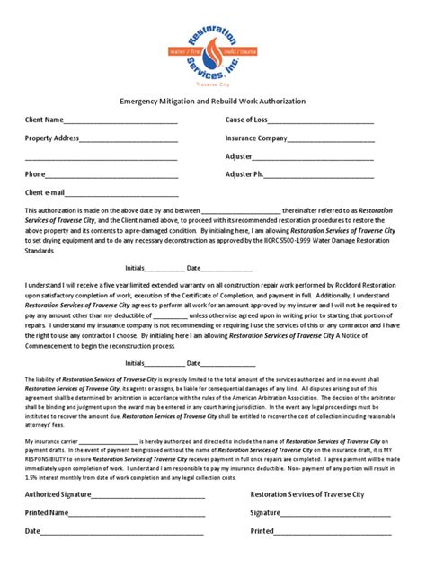Emergency Mitigation And Rebuild Work Authorization Pdf Insurance