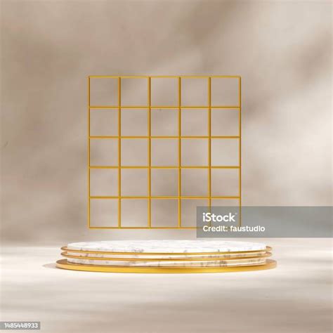 장면 템플릿 흰색 대리석 실린더 연단 정사각형 금 그리드 및 반지 3d 렌더링 0명에 대한 스톡 사진 및 기타 이미지 0명 3차원 형태 강단 Istock