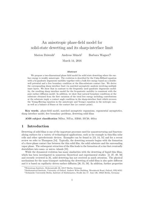 Pdf Sharp Interface Limits Of An Anisotropic Phase Field Model For Solid State Dewetting