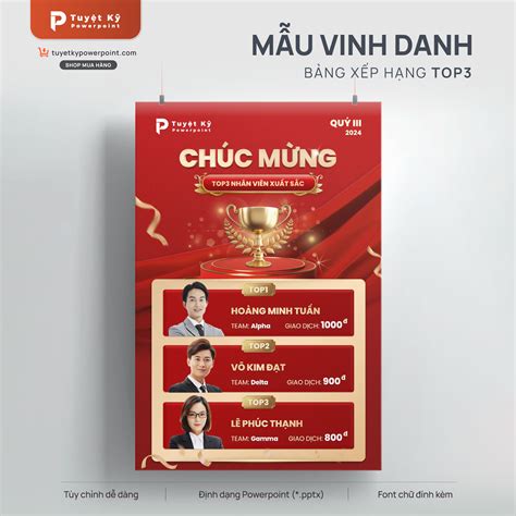 Mẫu Vinh Danh Bảng Xếp hạng Top 3 Nhân Viên Xuất Sắc Tuyệt kỹ Powerpoint