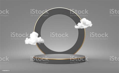 현대적인 무대 디스플레이 및 미니멀리스트 모형 추상 쇼케이스 배경 개념 3d 그림 또는 3d 렌더링을 위한 회색 구성의 기하학적 모양이 있는 검은색 연단과 구름 0명에 대한