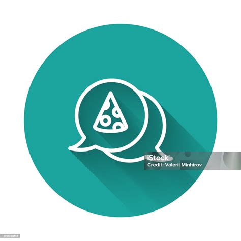 긴 그림자 배경으로 격리 된 피자 아이콘의 흰색 줄 조각 패스트 푸드 메뉴 녹색 원 버튼입니다 벡터 고기에 대한 스톡 벡터 아트 및 기타 이미지 Istock