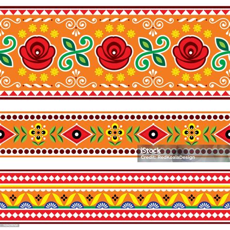인도와 파키스탄의 트럭 아트 벡터 세트 3 이음새없는 패턴 인도와 파키스탄의 징글 아트에서 영감을 얻은 다채로운 꽃 반복 디자인 0명에 대한 스톡 벡터 아트 및 기타 이미지