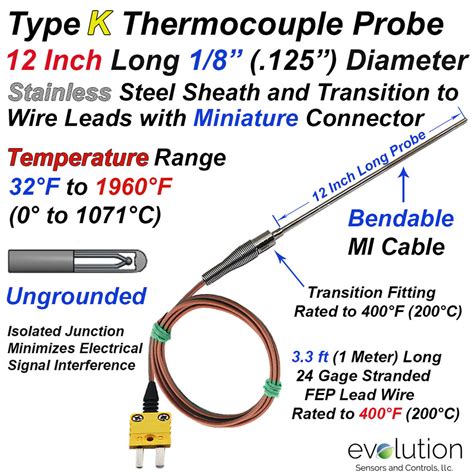 Type K Thermocouple 12 Long 1 8 Diameter With Leads And Connector