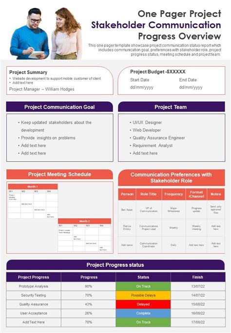 One Pager Project Stakeholder Communication Progress Overview Pdf Document