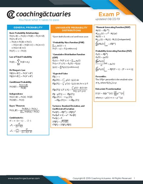Pformula Sheet For Soa Exam P Key Probability Concepts Studocu