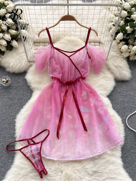 Singreiny Summer French Sweet Sexy Mesh Pajams Sets Lace Up Sheer