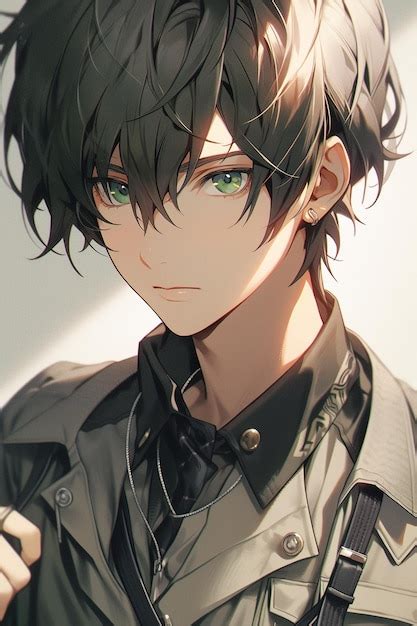 Аниме мальчик с зелеными глазами и черными волосами в черной куртке Премиум Фото