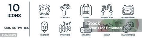 어린이 활동 개요 아이콘 세트에는 얇은 선 동화 스윙 그리기 태블릿 실로폰 시소 스케이트 보드 보고서 프리젠 테이션 다이어그램 웹 디자인을위한 아이스크림 아이콘이 포함됩니다