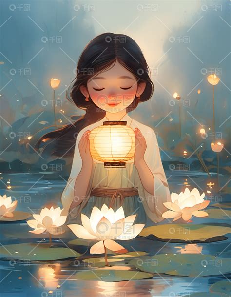 莲花灯ai数字艺术 夏日荷花莲花灯女孩水彩 Ai平面元素免费下载png格式2688像素编号70829753 千图网