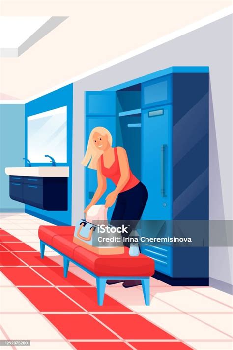 탈의실 장면에서 옷을 갈아입는 여성 체육관 벡터 일러스트레이션에서 피트니스 와 스포츠 운동을위한 드레싱 사물함과 벤치가있는 개인 방에서 가방을 가진 어린 소녀 사물함에 대한