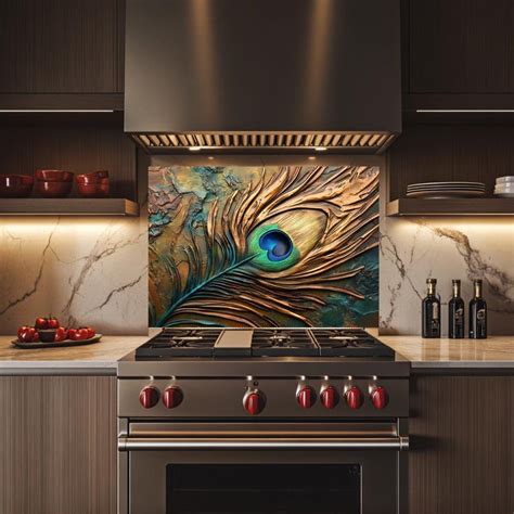 Tempered Glass Peacock Feather Backsplash Copper Look Kitchen