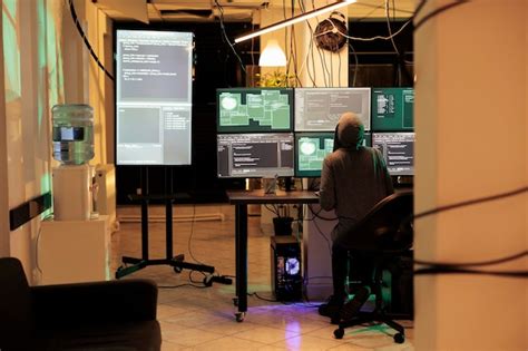 Premium Photo Young Hacker Working On Multiple Monitors To Hack