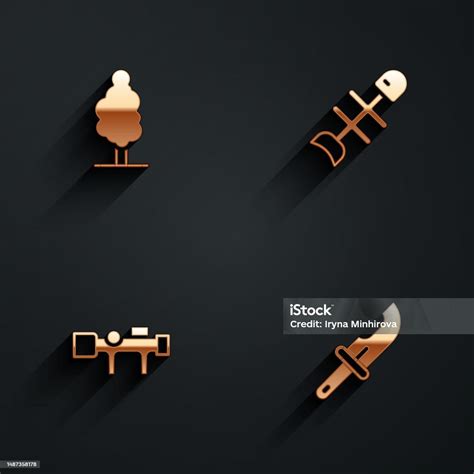 나무 죽은 물고기 스나이퍼 광학 시력 및 긴 그림자가 있는 헌터 나이프 아이콘을 설정합니다 벡터 가루로 빻은에 대한 스톡 벡터