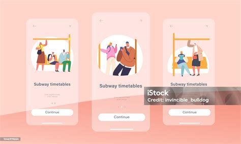 지하철 시간표 모바일 앱 페이지 온보드 화면 템플릿입니다 지하철 지하철 교통 승객 그림 사람들에 대한 스톡 벡터 아트 및 기타