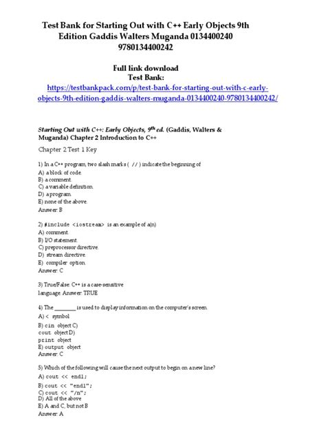 Starting Out With C Early Objects 9th Edition Gaddis Walters Muganda Test Bank Pdf