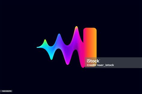 펄스 뮤직 플레이어 요소가 있는 로고를 문자로 표시합니다 생생한 음파 흐름 라인과 글리치 효과 네온 그라데이션 아이콘입니다 Dj에 대한 스톡 벡터 아트 및 기타 이미지