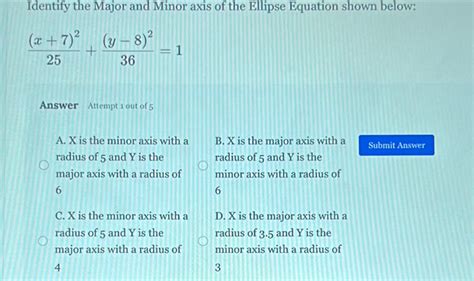 Identify The Major And Minor Axis Of The Ellipse Equation Shown Below X7225y 82