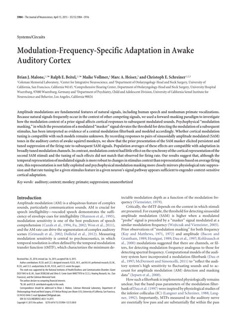 Pdf Modulation Frequency Specific Adaptation In Awake Auditory Cortex