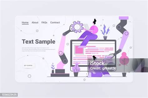웹 사이트 Ui 웹 응용 프로그램 개발 프로그램 소프트웨어 최적화를 만드는 로봇 손으로 개발자 팀 자동화에 대한 스톡 벡터 아트