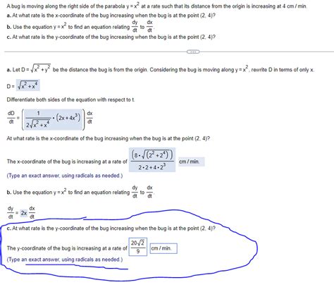 Solved A Bug Is Moving Along The Right Side Of The Parabola