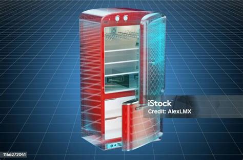 복고풍 냉장고 청사진의 시각화 3d Cad 모델 3d 렌더링 0명에 대한 스톡 사진 및 기타 이미지 0명 3차원 형태 가정 생활 Istock