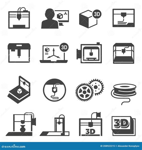 3d Printing Additive Manufacturing Bold Black Silhouette Icons Set